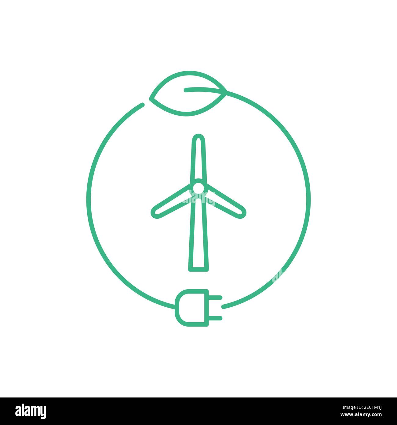 Wind energy logo. Windmill inside circle with a leaf and a plug. Green ...