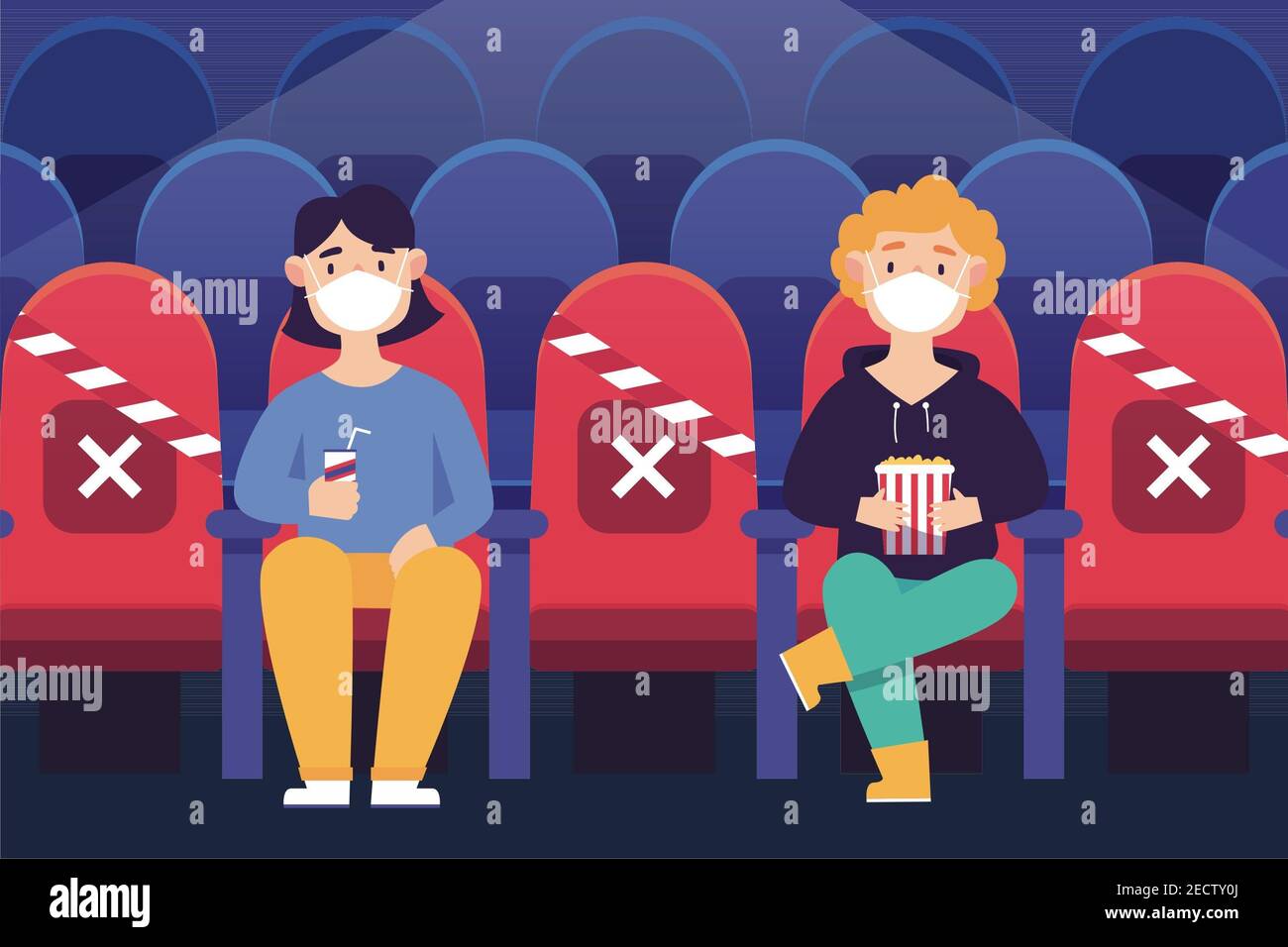 Social distancing in a movie theater during covid-19 pandemic Stock ...