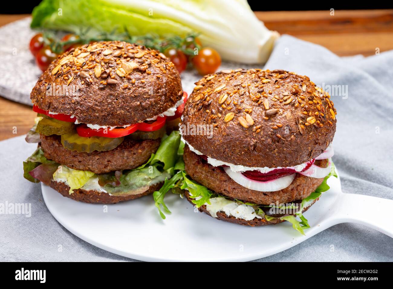 Vegan hamburgers with grilled healthy plant based, meat free burgers ...