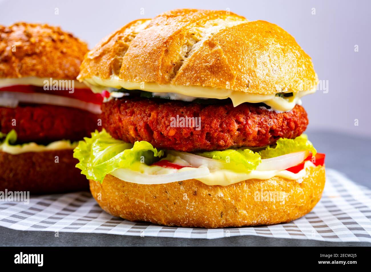 Tasty hamburger made from vegetarian plant based imitation minced meat ...
