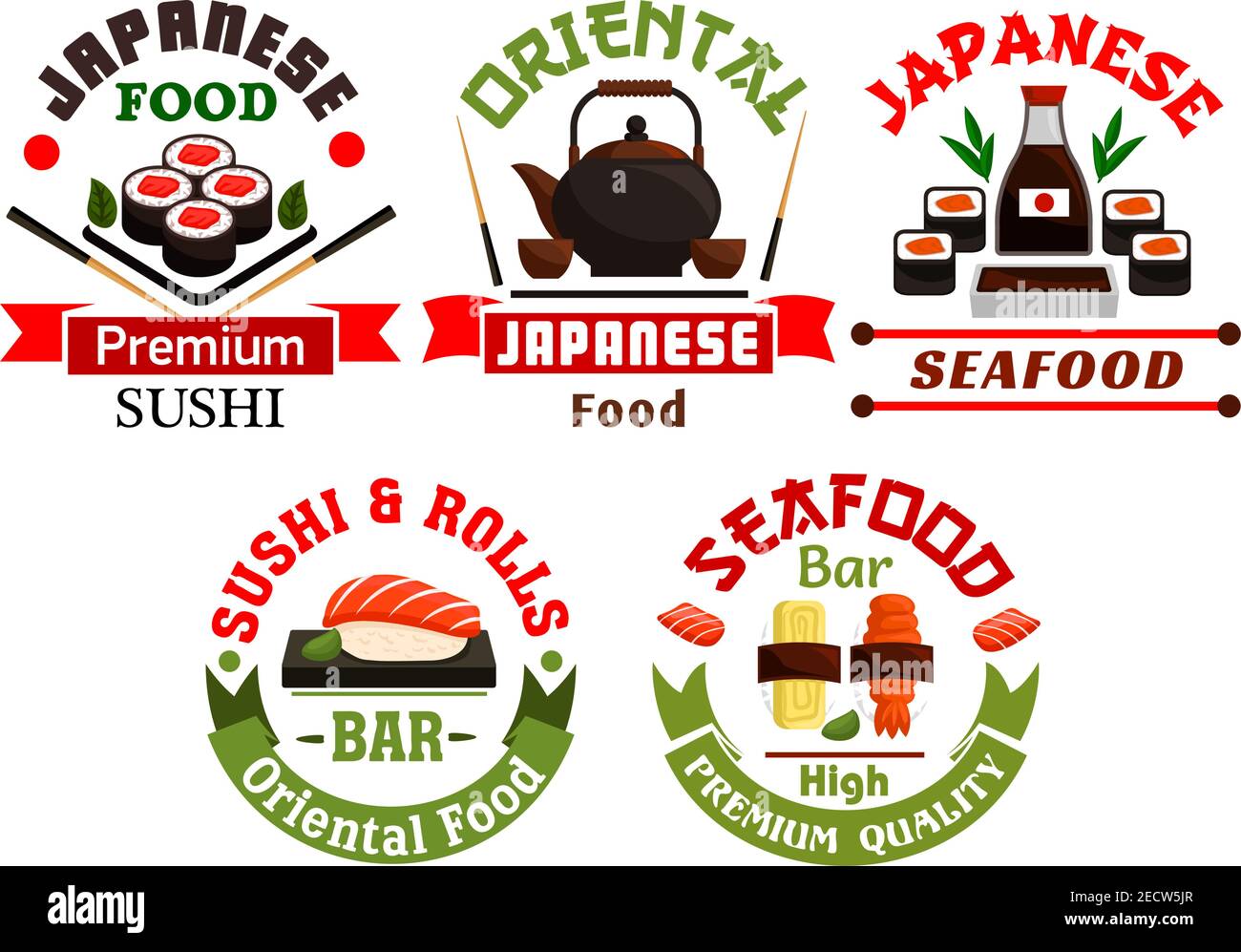 Oriental Japanese food restaurant icons. Sushi, rolls, seafood, salmon ...