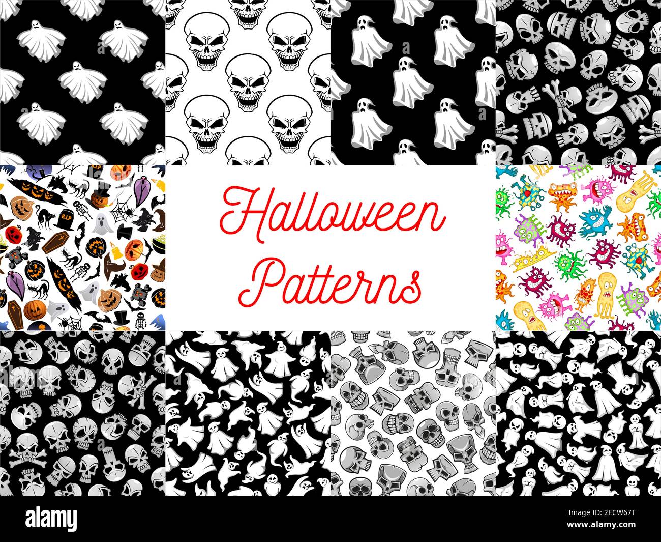 Halloween seamless pattern backgrounds with cartoon scary characters ...