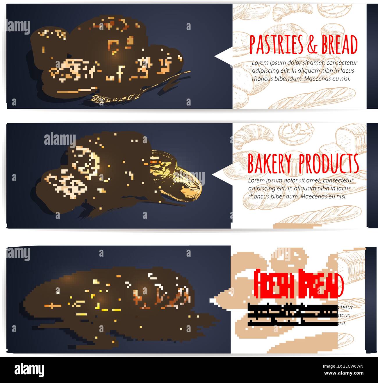 Fresh bread and bakery products posters. Vector sketch elements of ...