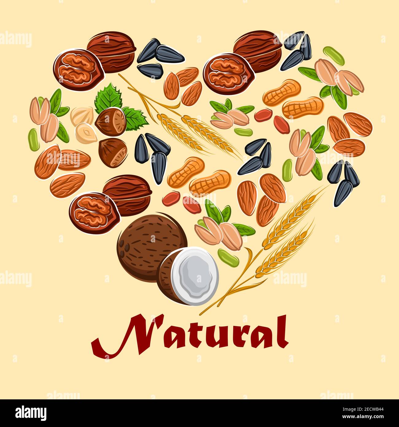 Natural nuts and cereals nutrition poster. Placard in heart shape with ...