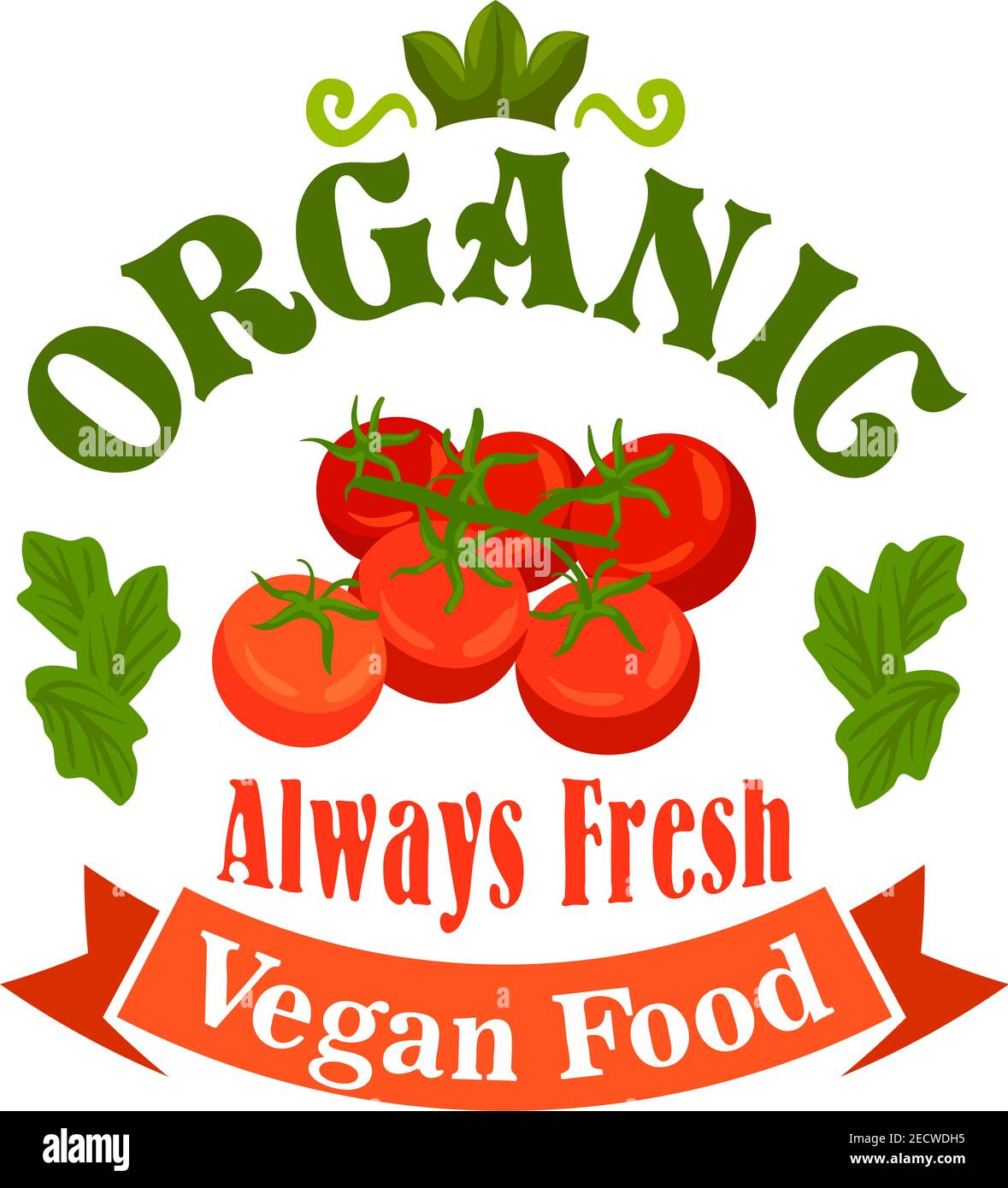 Tomato bunch. Organic vegan food label with red tomatoes, green leaves ...