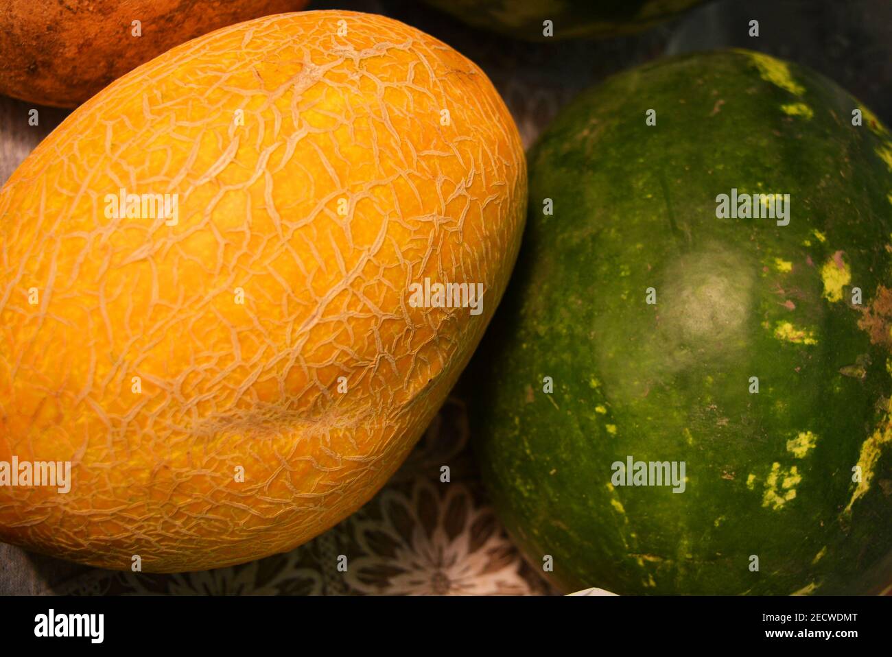 Juicy ripe two yellow melons and two green watermelons, fresh fruits ...