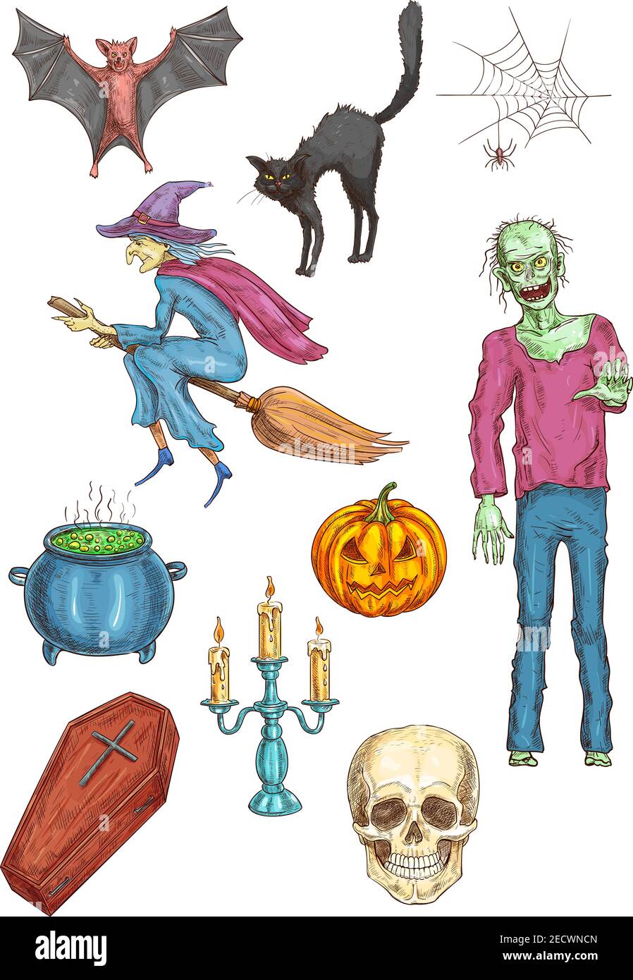 Halloween walking undead zombie, witch flying on broom, vampire coffin ...