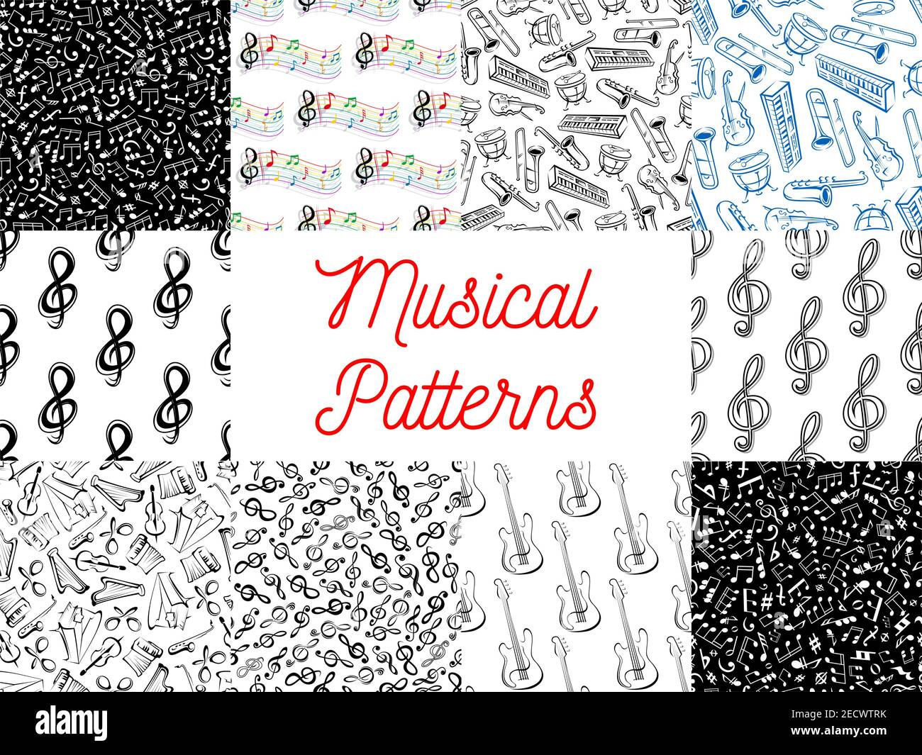 Musical notes and instruments pattern backgrounds. Seamless wallpapers ...