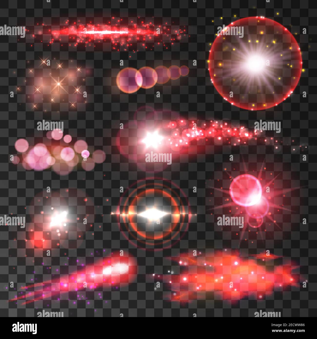 Red glitter lights and sparkles. Light trails, comet tails, shining ...