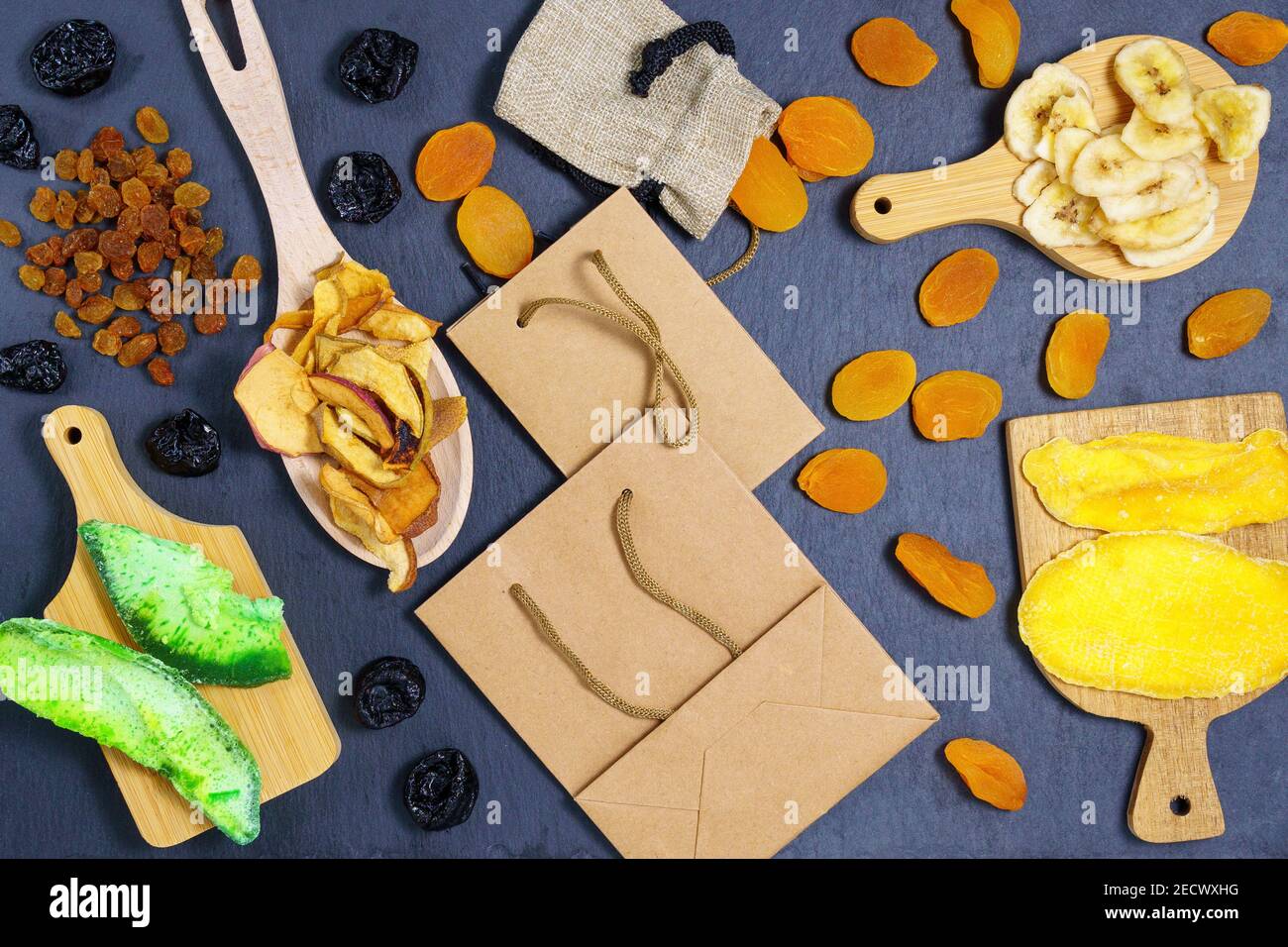 Organic dried fruits craft eco packaging. dried apricots, raisins ...