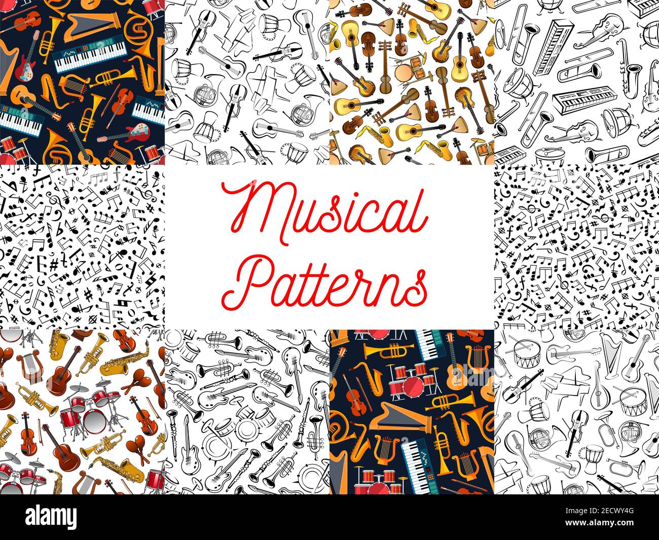 Musical instruments and notes pattern backgrounds. Seamless wallpapers ...