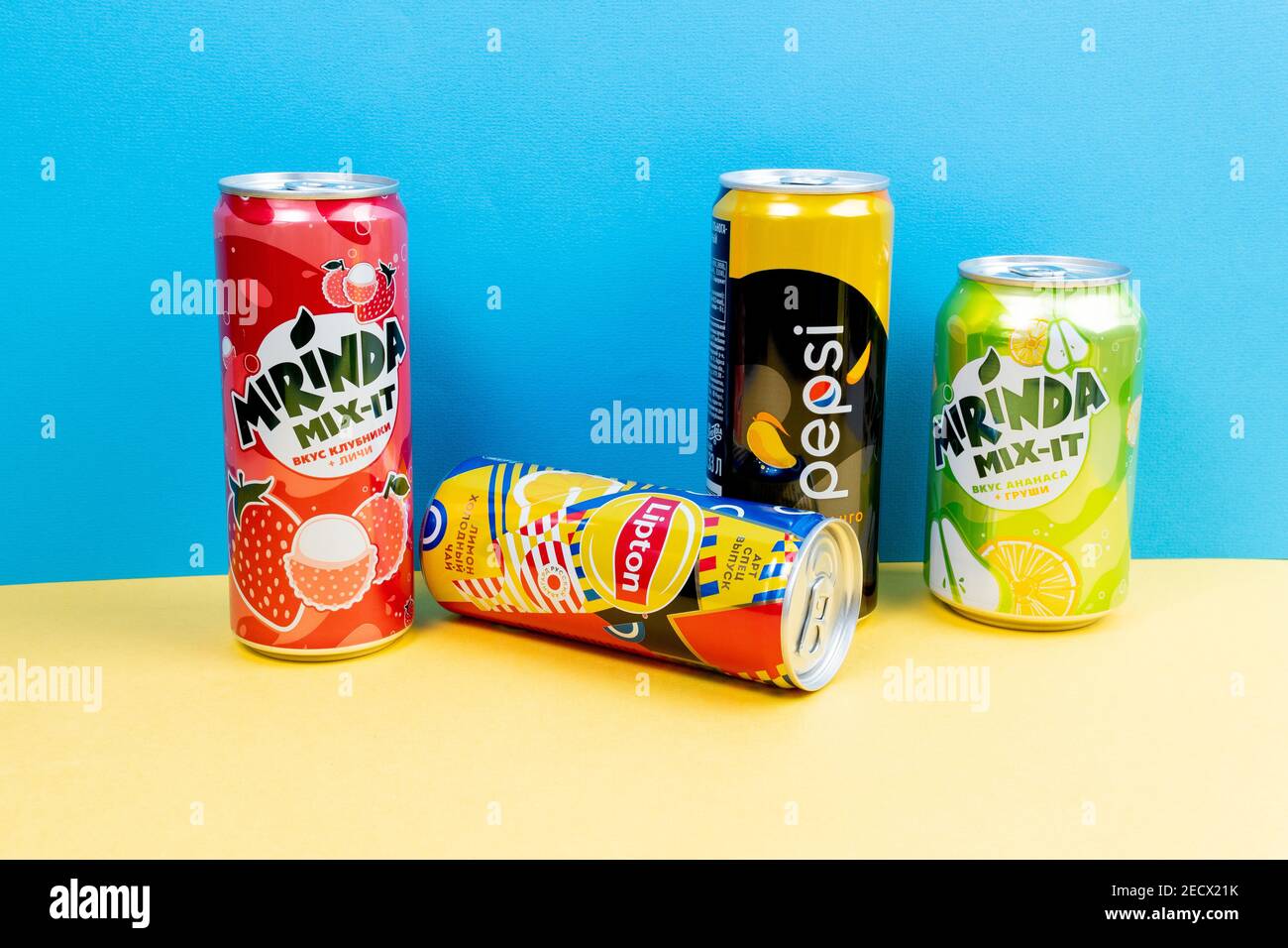 Tyumen, Russia-December 10, 2020: Mirinda, Pepsi, Lipton. aluminum soda ...