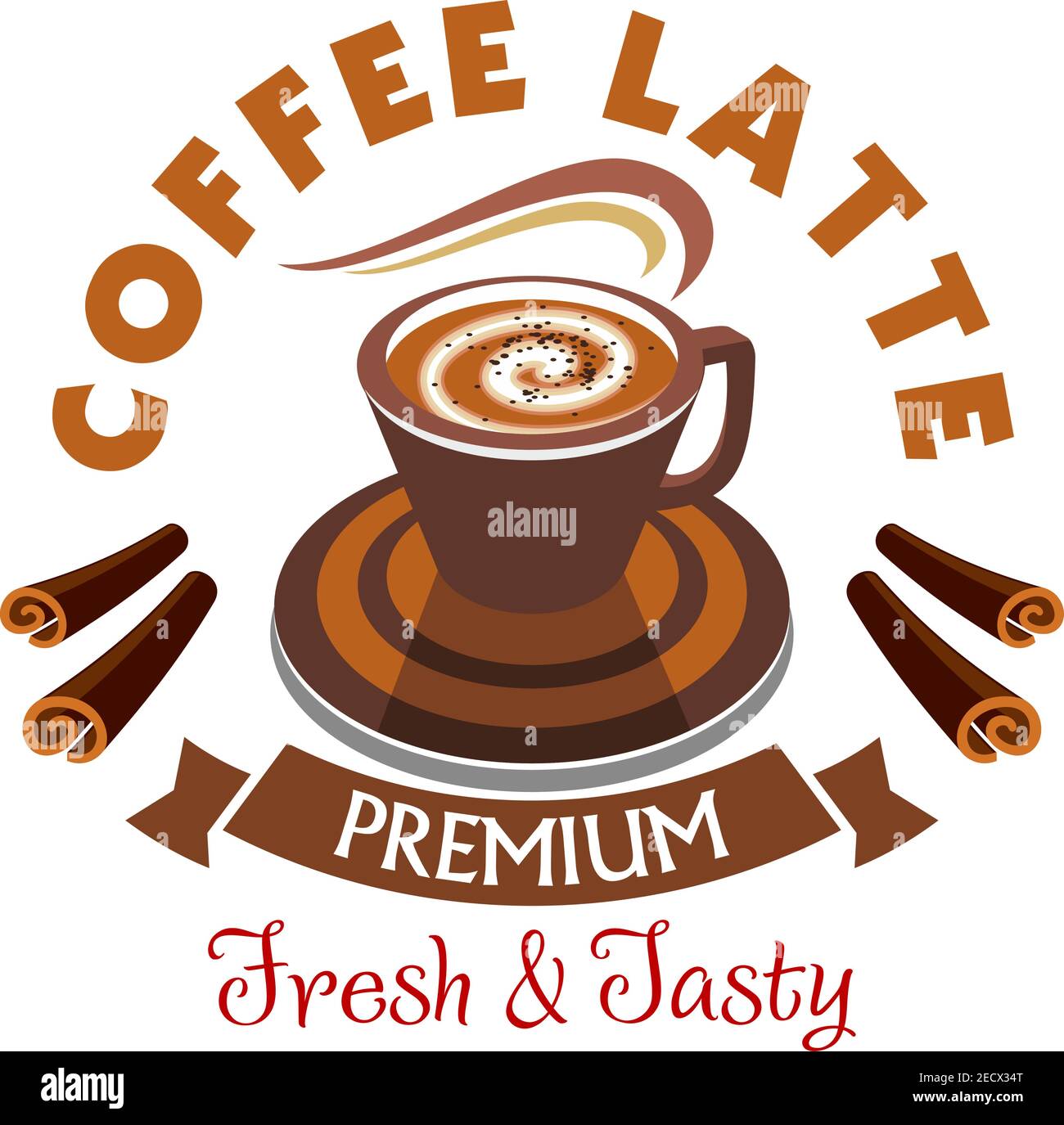 Coffee Latte label. Premium fresh and tasty. Hot coffee cup icon with ...