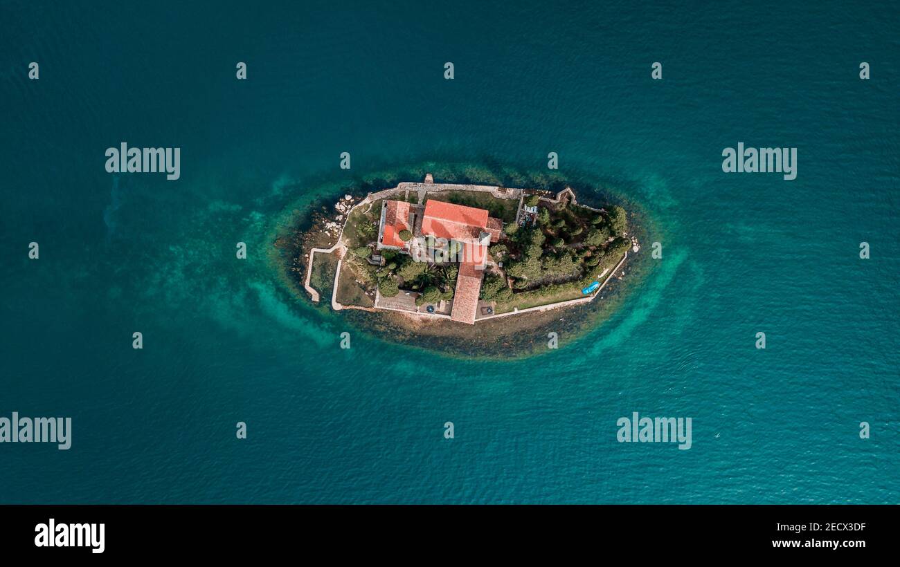 An aerial view of Sveti Dorde, Island of Saint George, Bay of Kotor ...