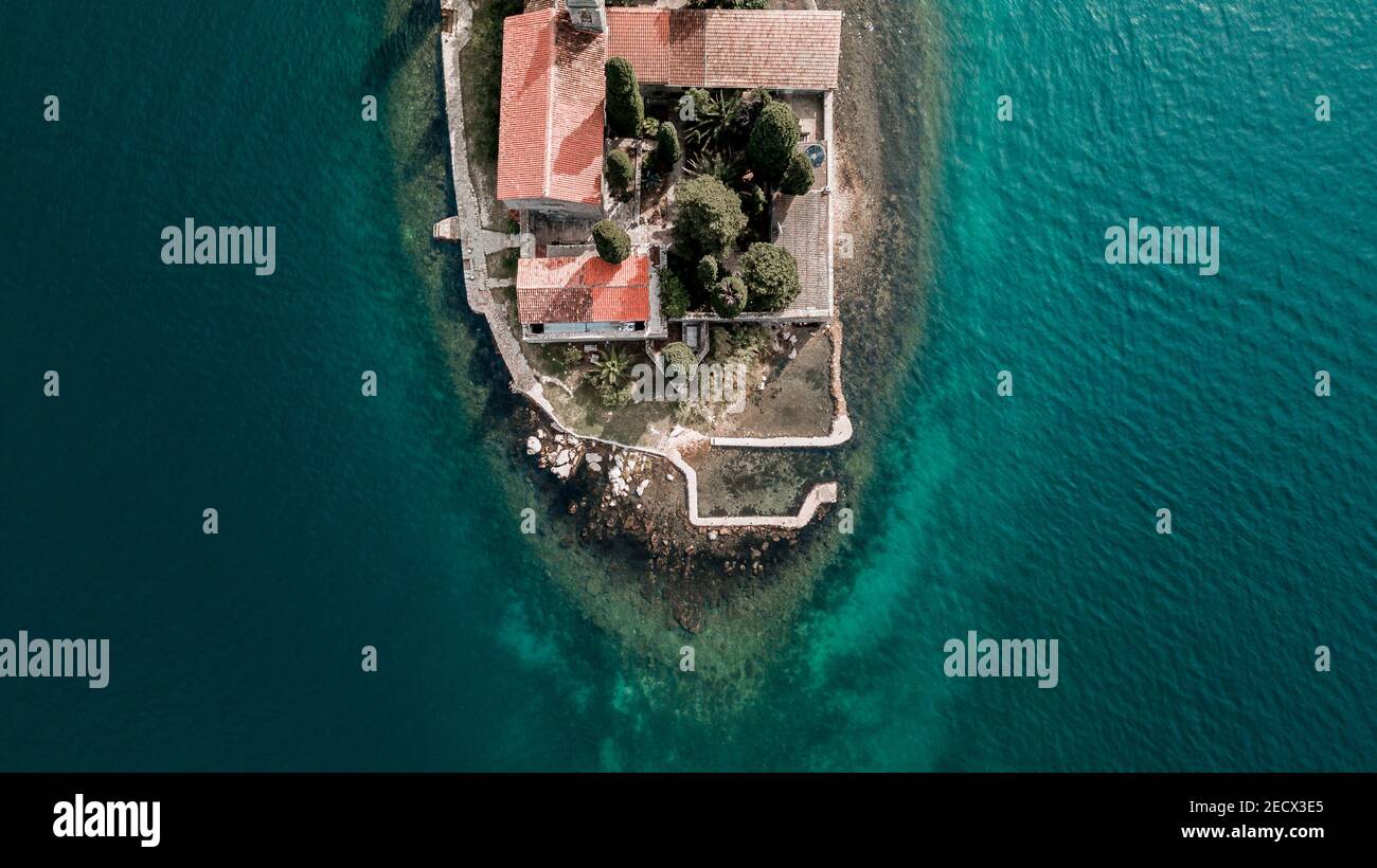 An aerial view of Sveti Dorde, Island of Saint George, Bay of Kotor ...