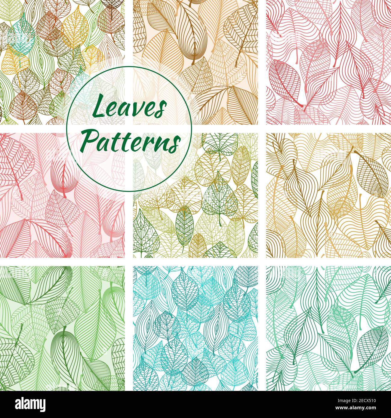 Textured stylized vector leaves patterns. Green, pink, blue, red, brown ...