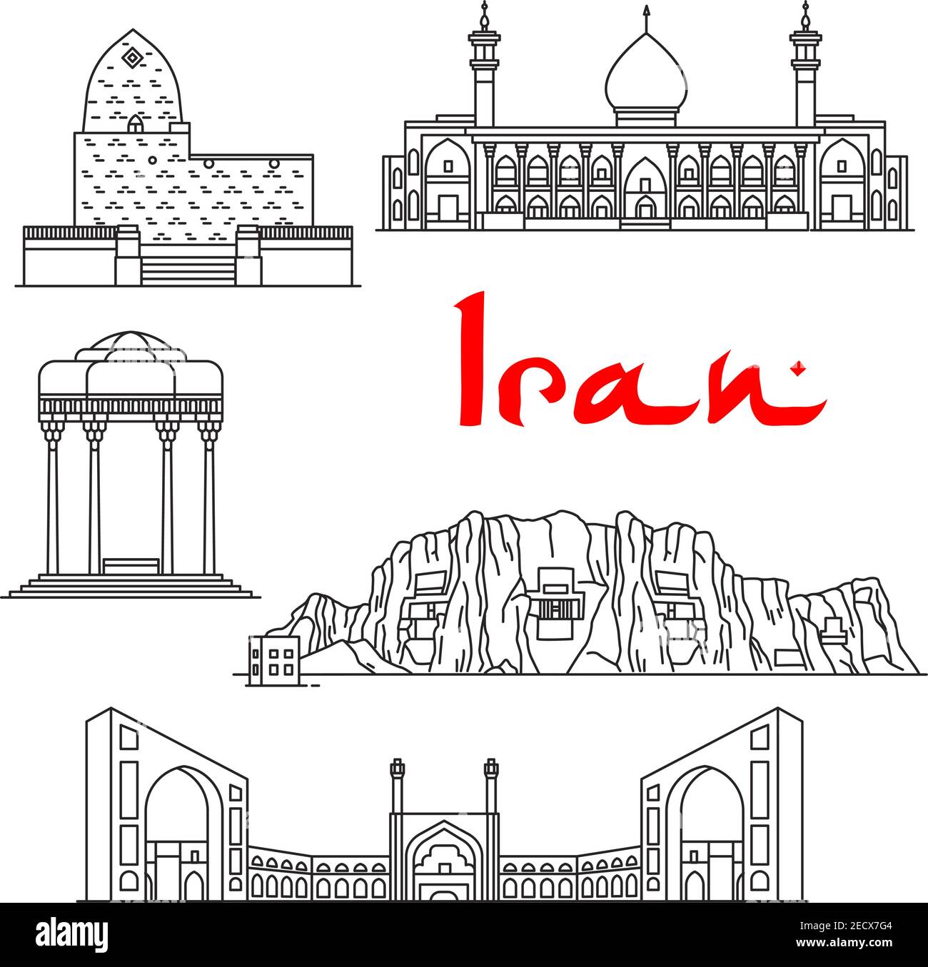 Iran architecture and landmarks vector thin line icons of Tomb of ...