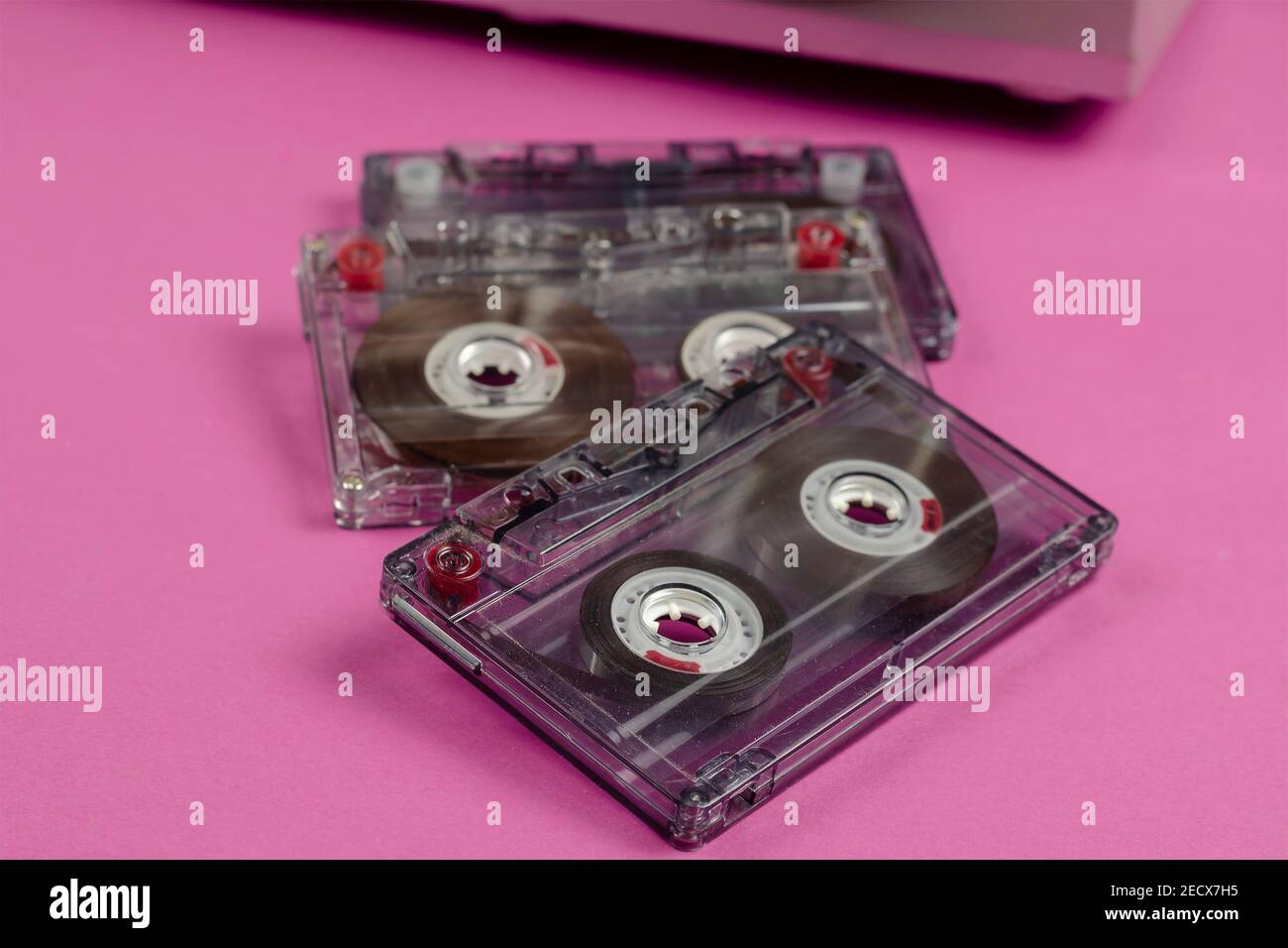 Collecting music recordings concept. Close-up of three audio cassettes ...