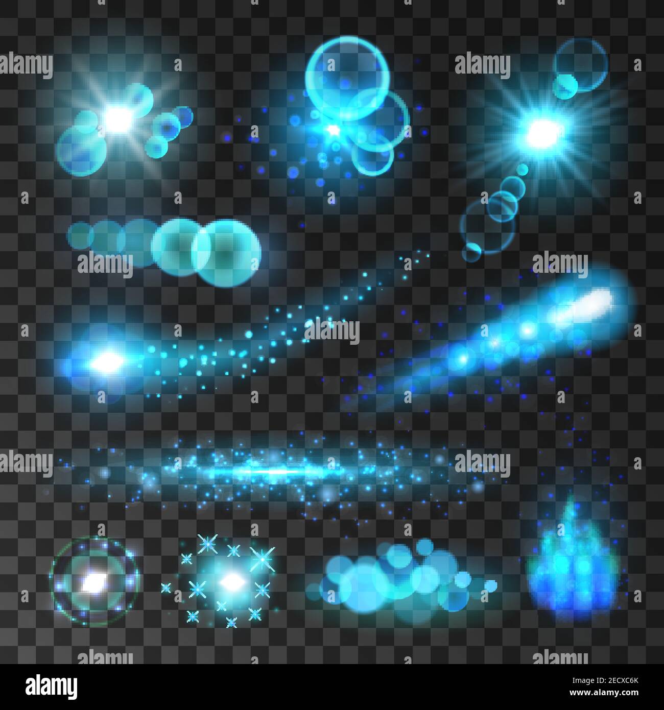 Neon blue sparkling glitter and bokeh lights. Sparkling comet tails ...