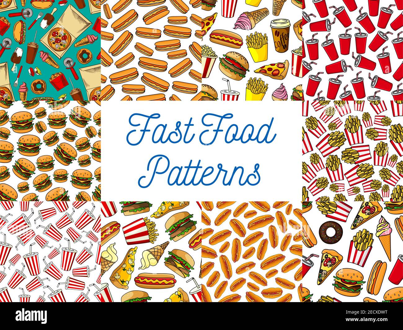 Fast food dishes menu with drinks and desserts seamless patterns set of ...