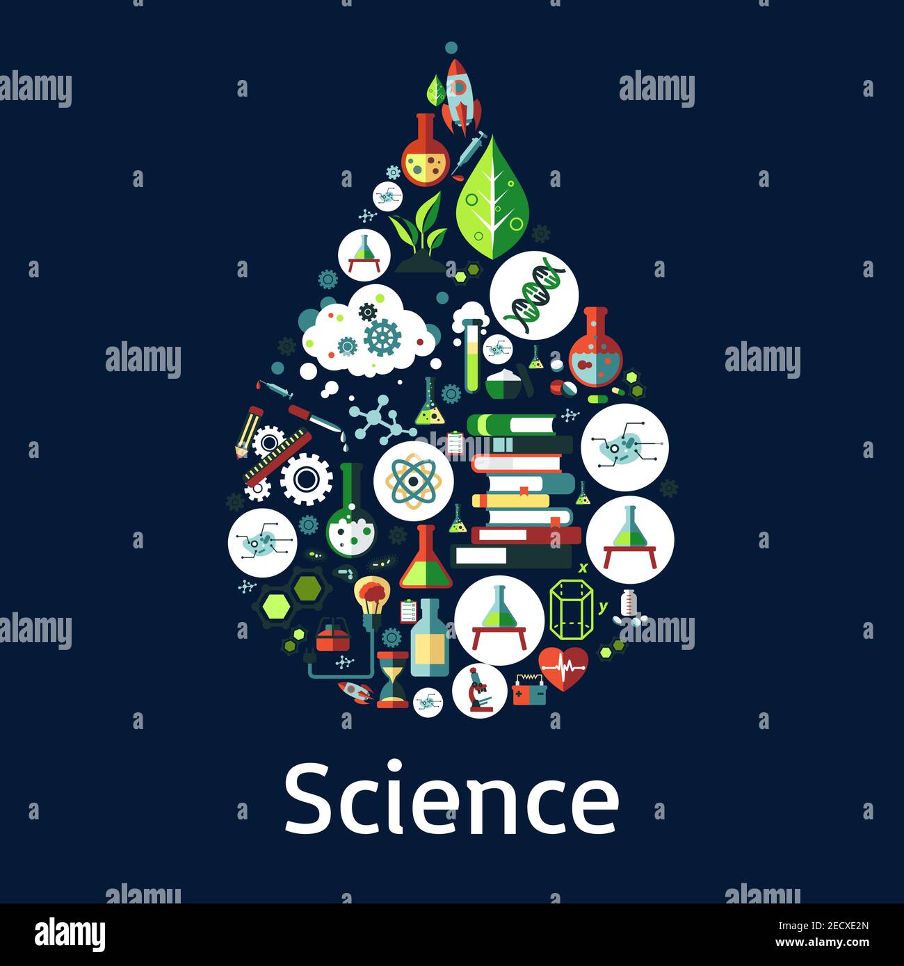 Science symbols in a shape of a drop with microscope, book, laboratory ...