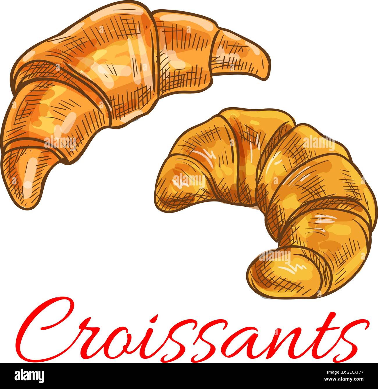 French croissant icon with sketch of freshly baked pastry dessert. Cafe ...