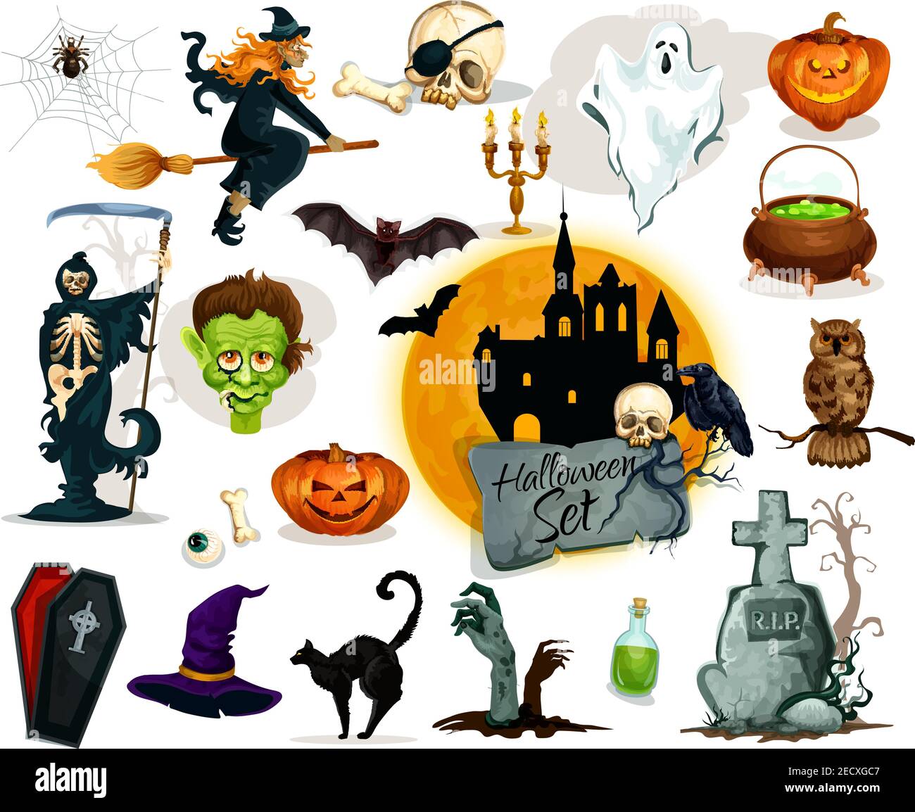 Full set of Halloween traditional characters and elements. Pumpkin ...