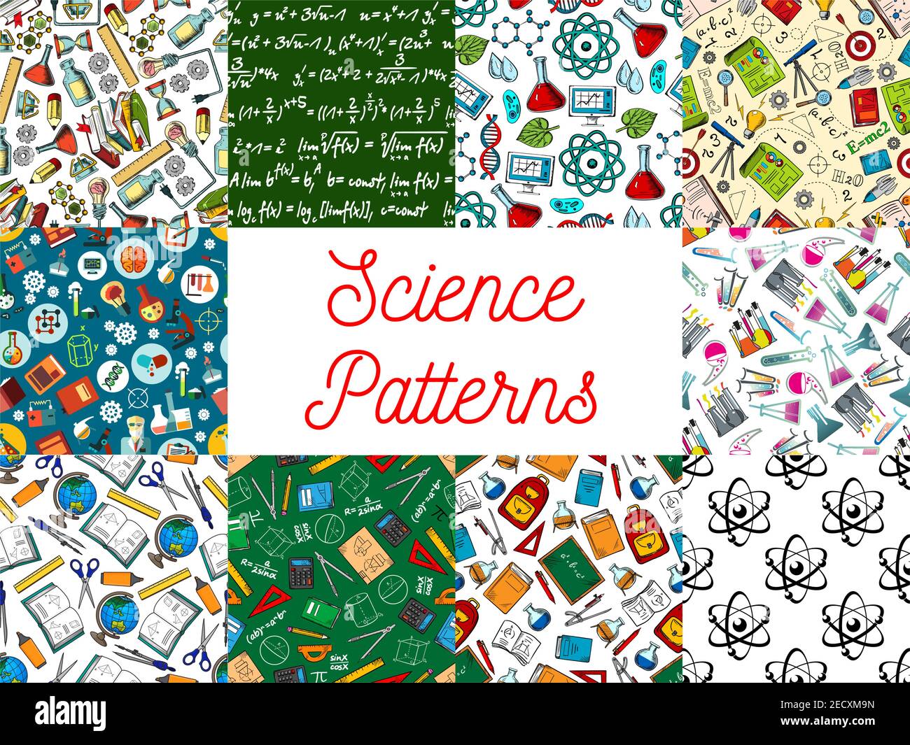 Science and education seamless patterns with set of sketched ...