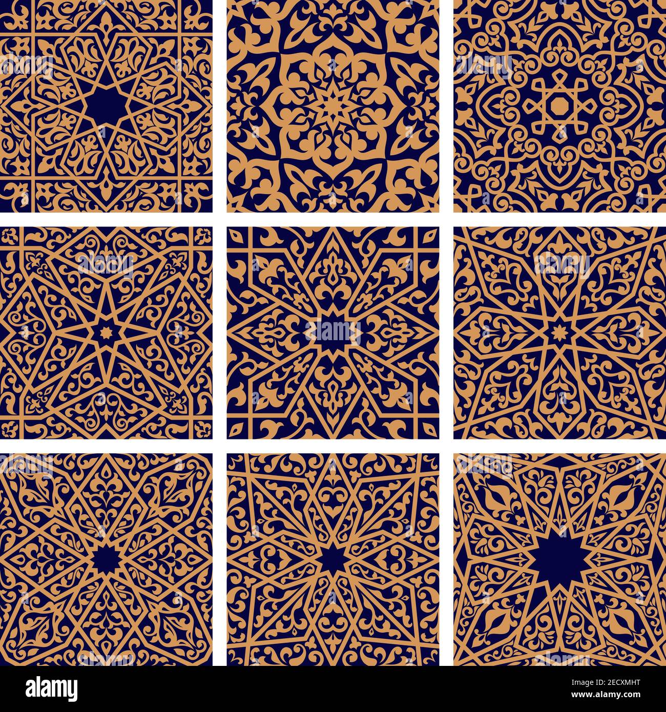 Arabic seamless floral patterns with set of orange arabesque ornaments ...