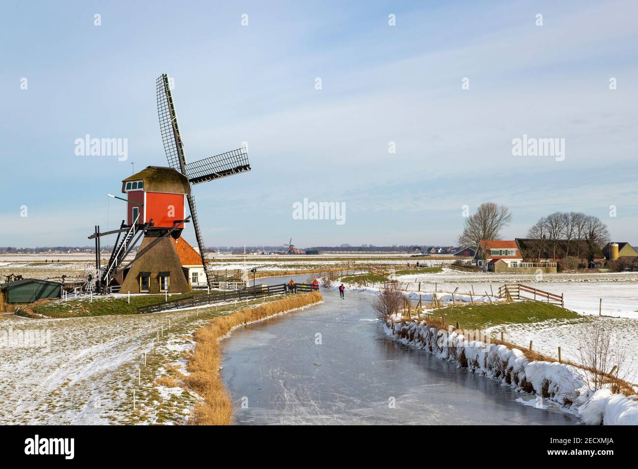 Iconic Dutch winter scene, ice skating in a polder landscape with the ...