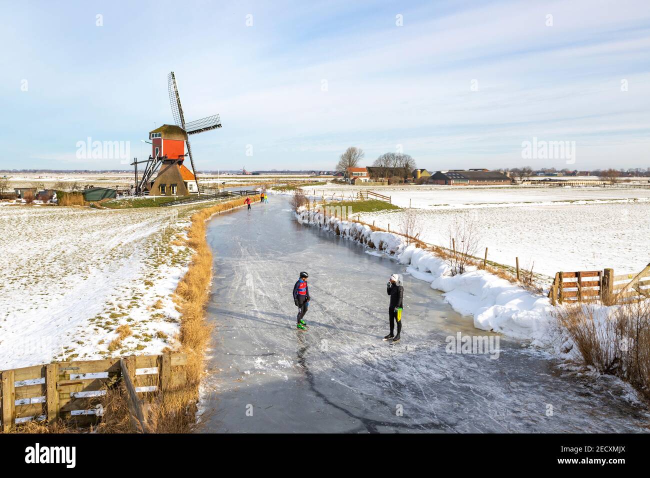 Iconic Dutch winter scene, ice skating in a polder landscape with the ...
