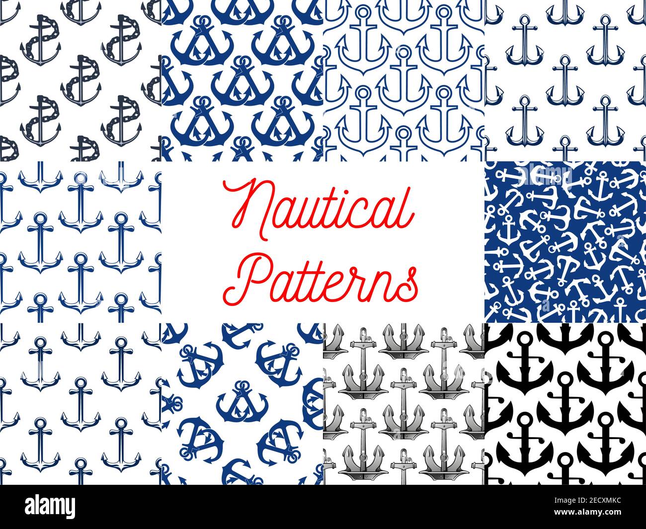 Nautical anchor patterns. Vector pattern of marine symbols anchor on ...