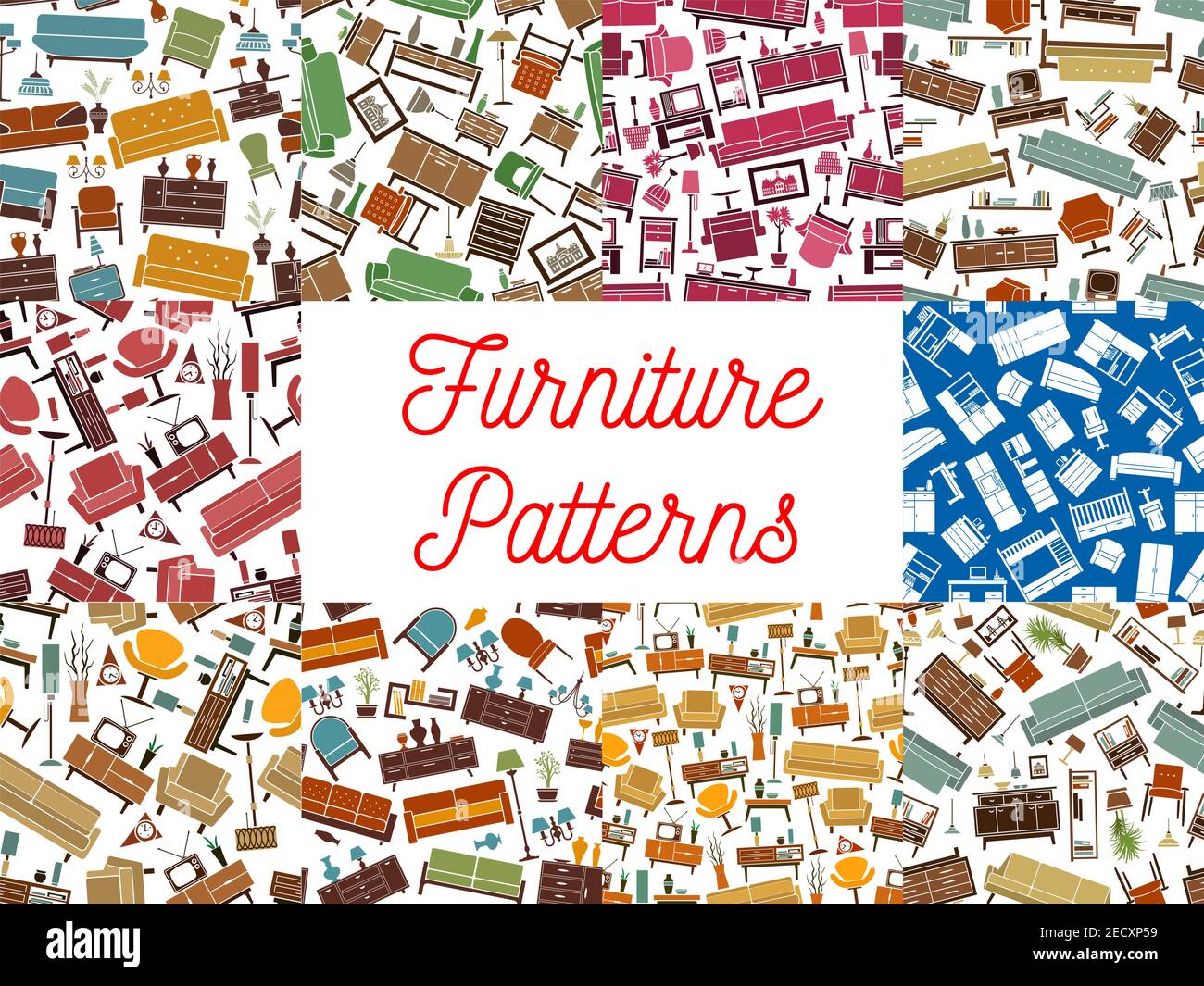 Home furniture seamless pattern backgrounds set of living room interior ...