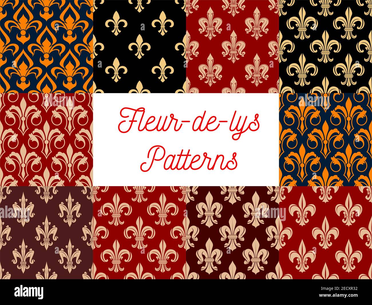 Vintage fleur-de-lis seamless patterns with set of floral ornaments ...