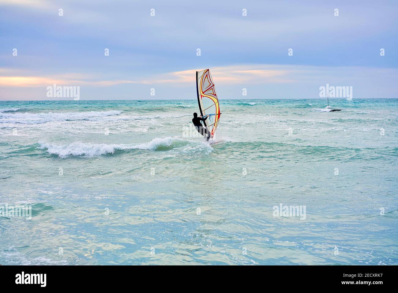 winter Windsurfing, the man in the wetsuit windsurfs in the winter, in ...
