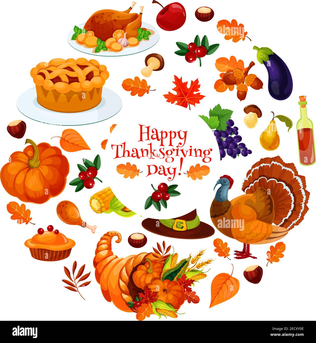 Happy Thanksgiving Day round sticker emblem with vector cornucopia horn ...