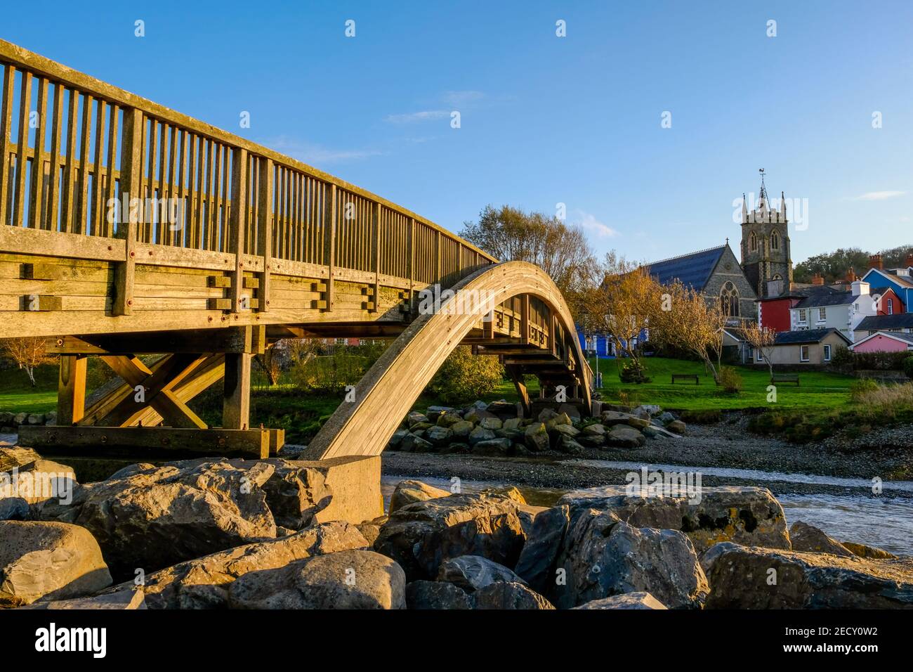 Wooden footbridge over the river Aeron, Aberaeron. Ceredigion. Wales ...