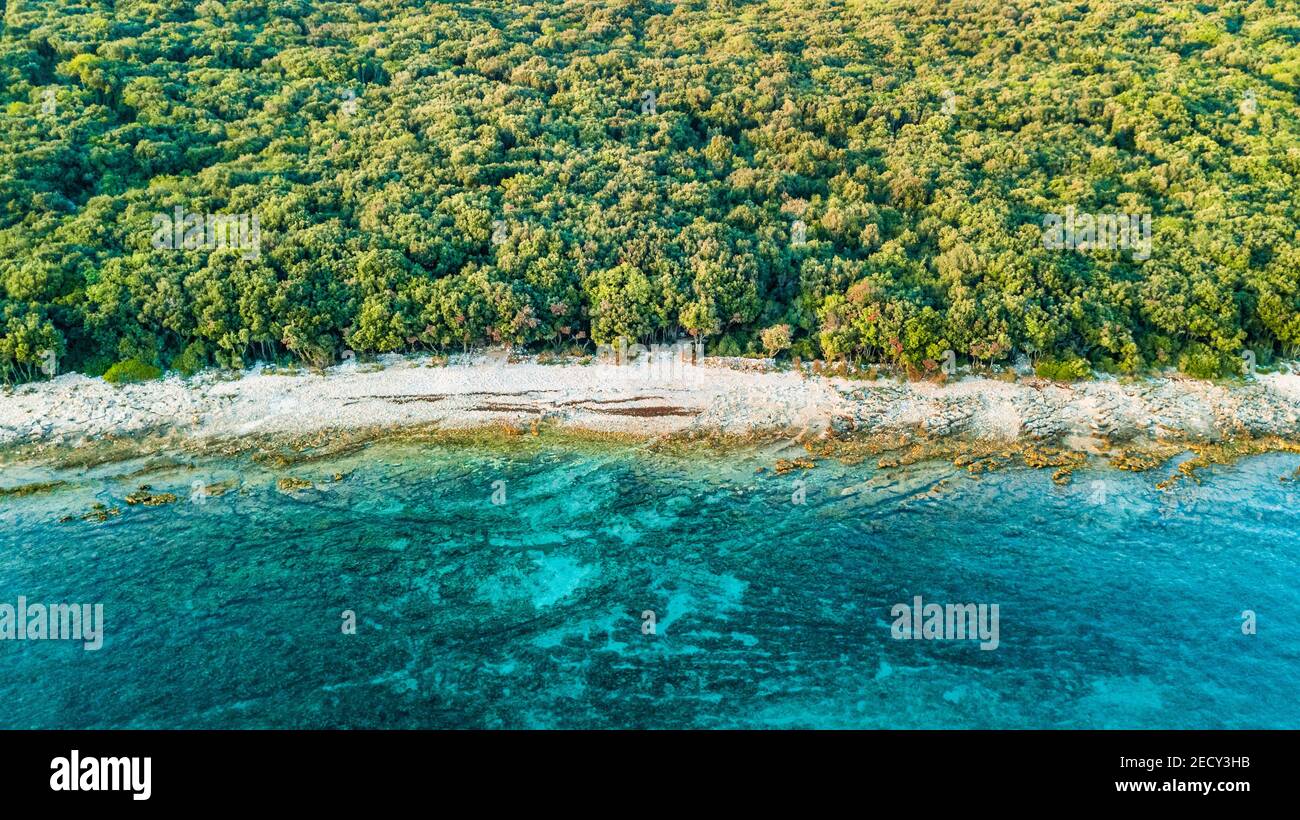 Drone view of the seashore at Cisterna beach Rovinj Croatia Stock Photo ...