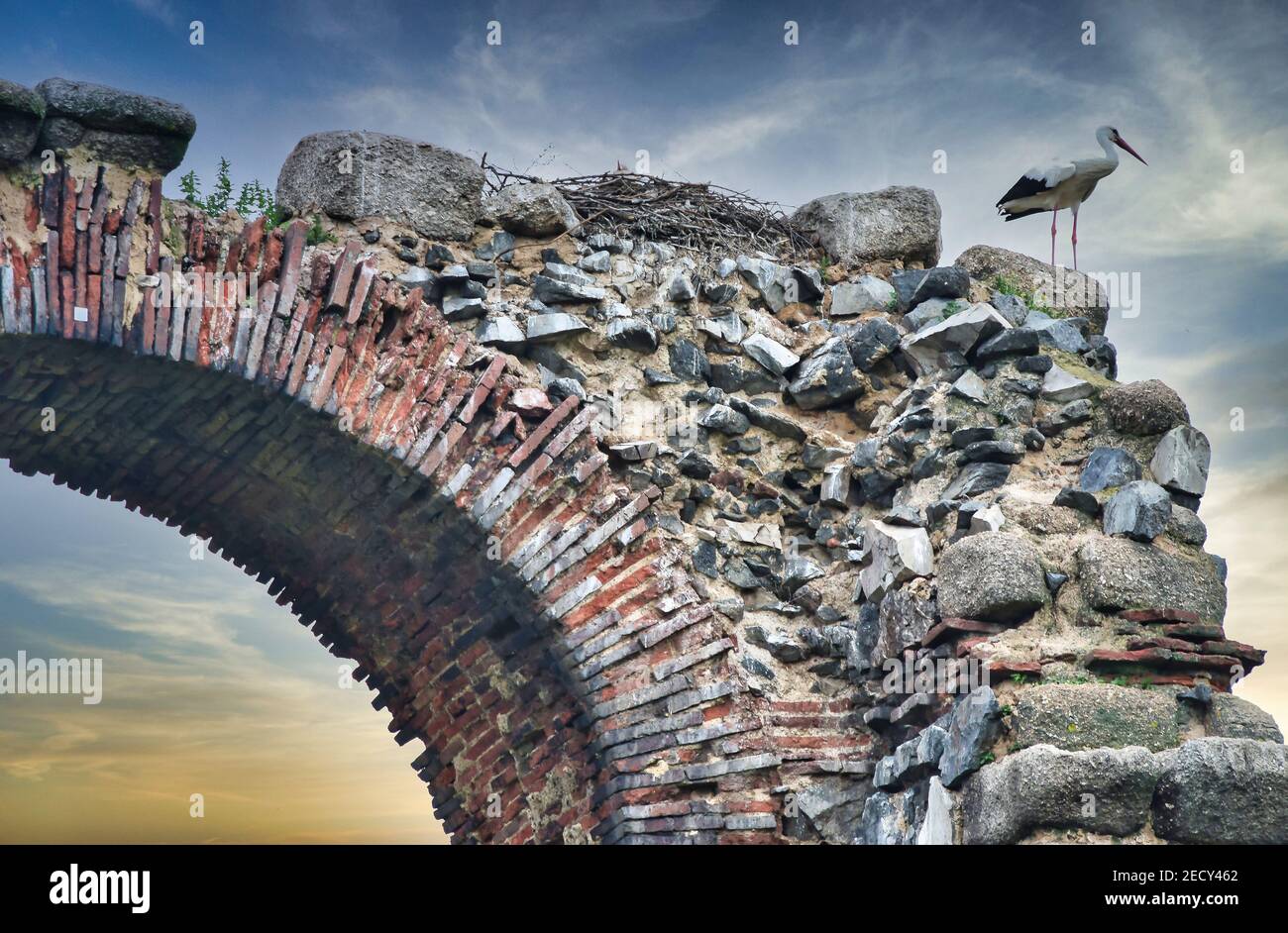 A stork and its nest on the ruins of an ancient Roman aqueduct in ...