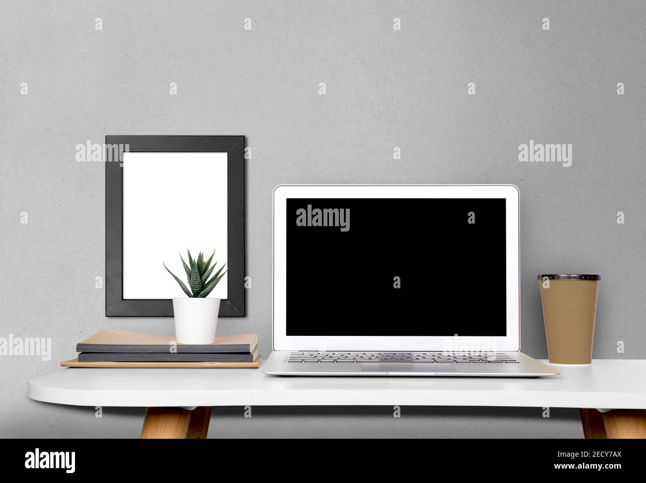 Mockup template laptop computer display screen and picture frame with ...