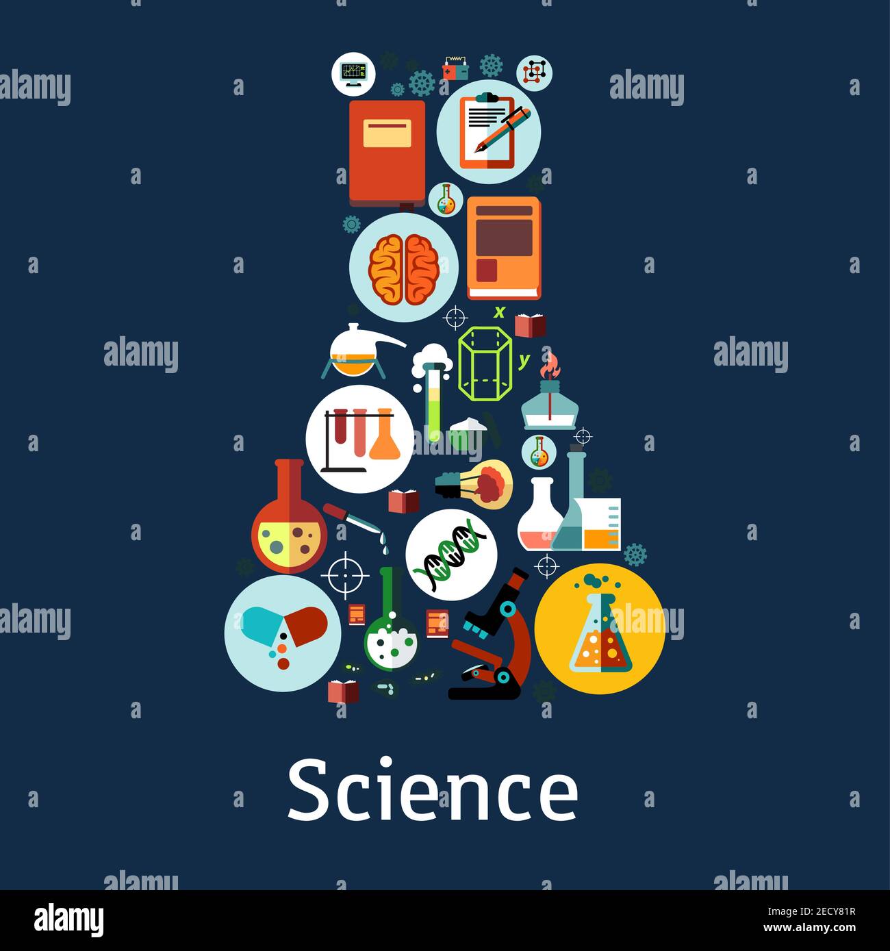 Science research icons in a shape of a laboratory flask with microscope ...