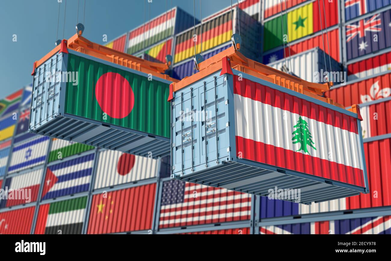 Freight containers with Lebanon and Bangladesh flag. 3D Rendering Stock ...