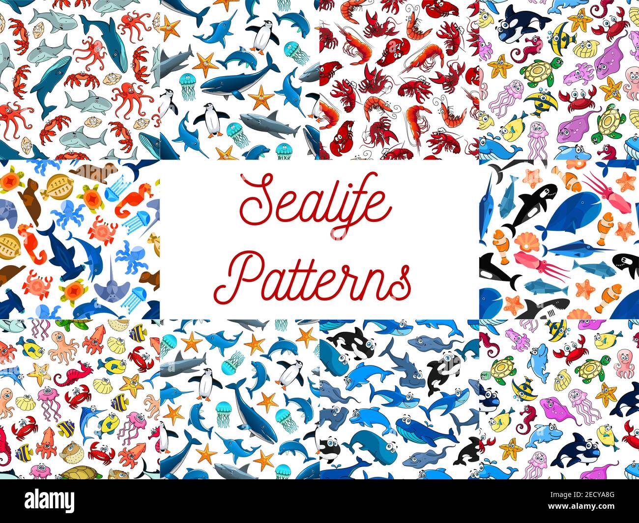 Sea life animals and fishes seamless patterns. Vector cartoon pattern ...