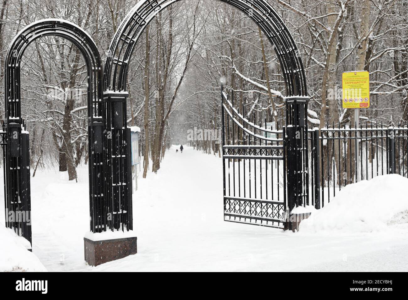 Moscow, Russia. 13th February 2021. A blizzard covered the city. Entrance gate of Terletskiy ...