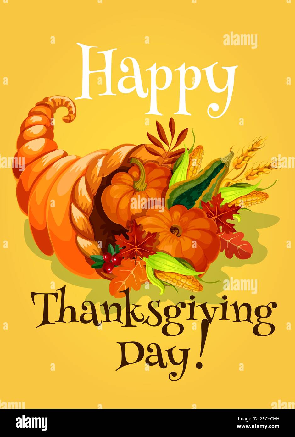 Thanksgiving Day cornucopia greeting card. Traditional design of meal ...
