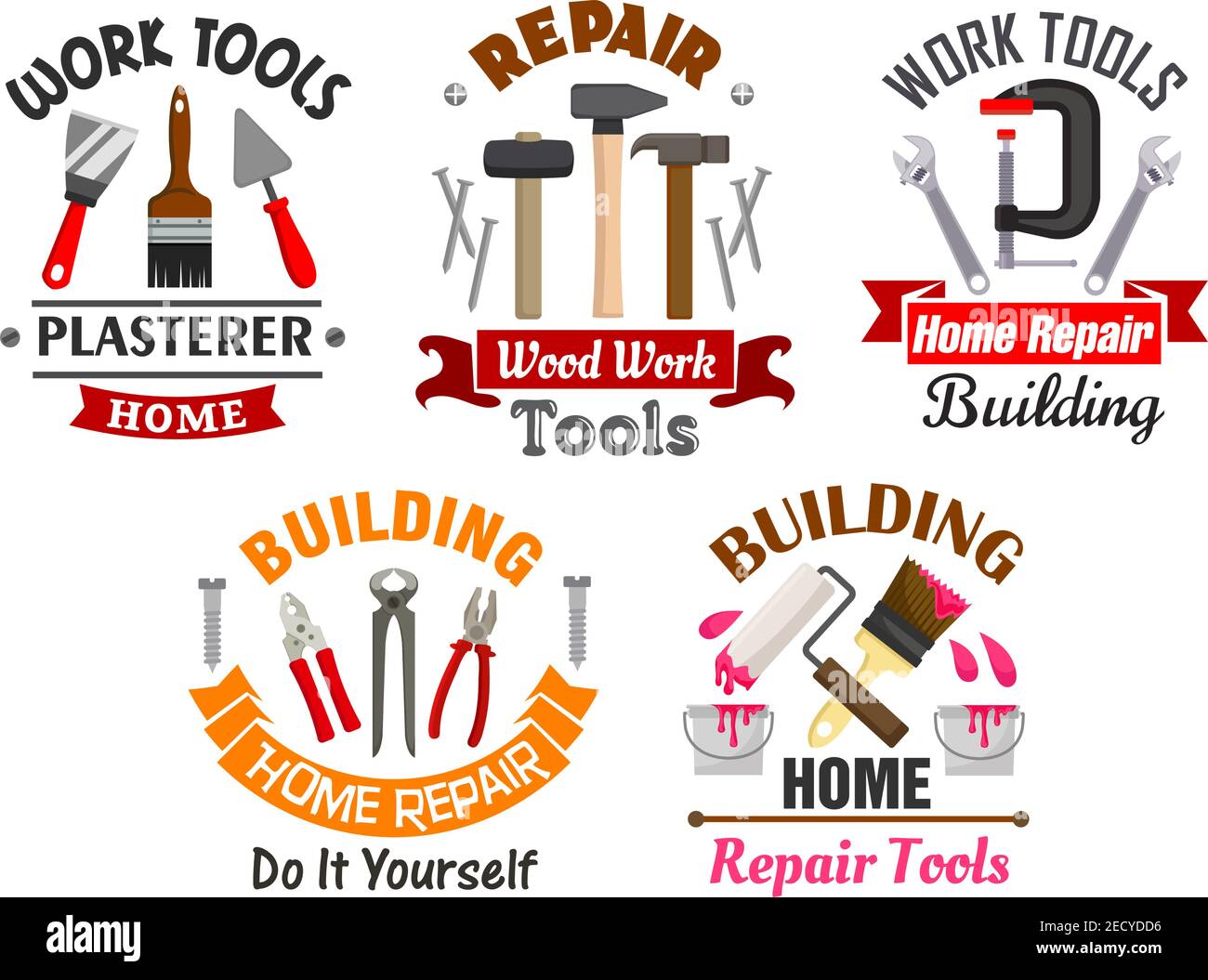Building and repair tools badges set with hammer, pliers, trowel ...