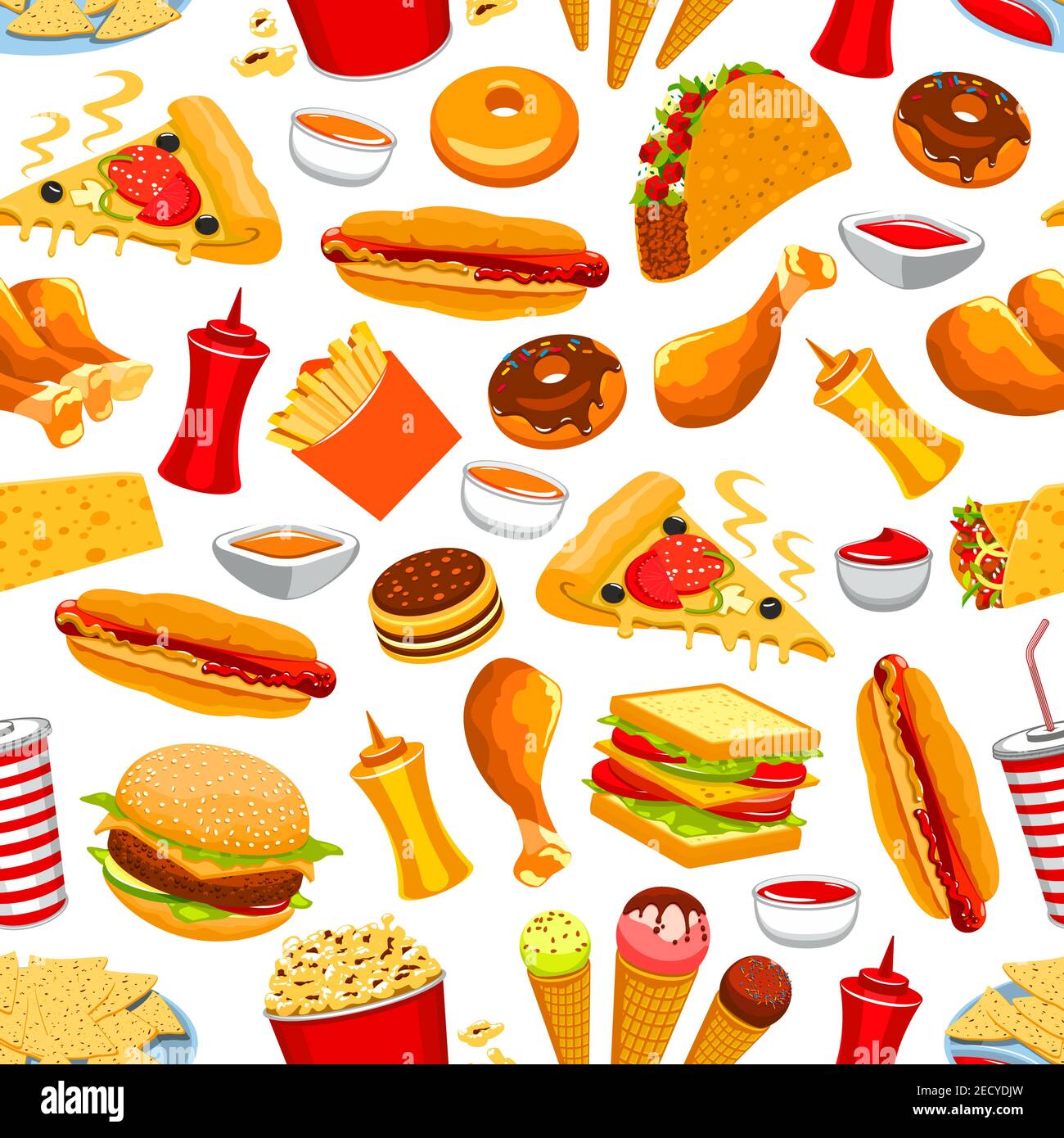 Fast food seamless pattern. Vector pattern of snacks and drinks ...