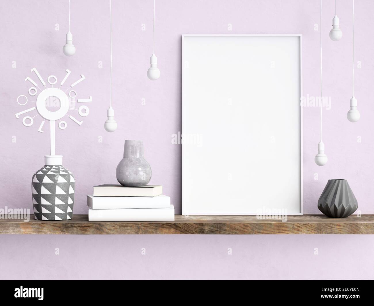Mock up picture frame on light pink wall with light bulbs, books ...