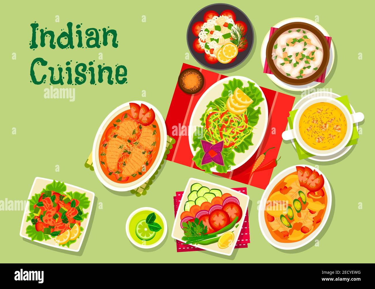 Indian cuisine lunch dishes icon with fish salad, spicy chicken salad ...