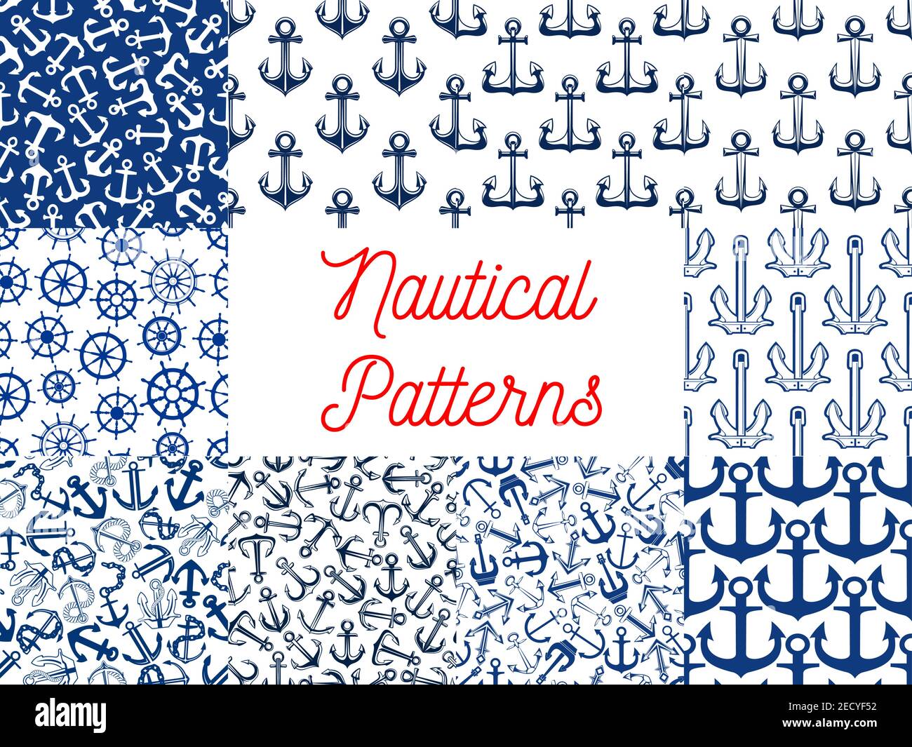 Blue nautical seamless patterns with set of marine ship anchor with ...